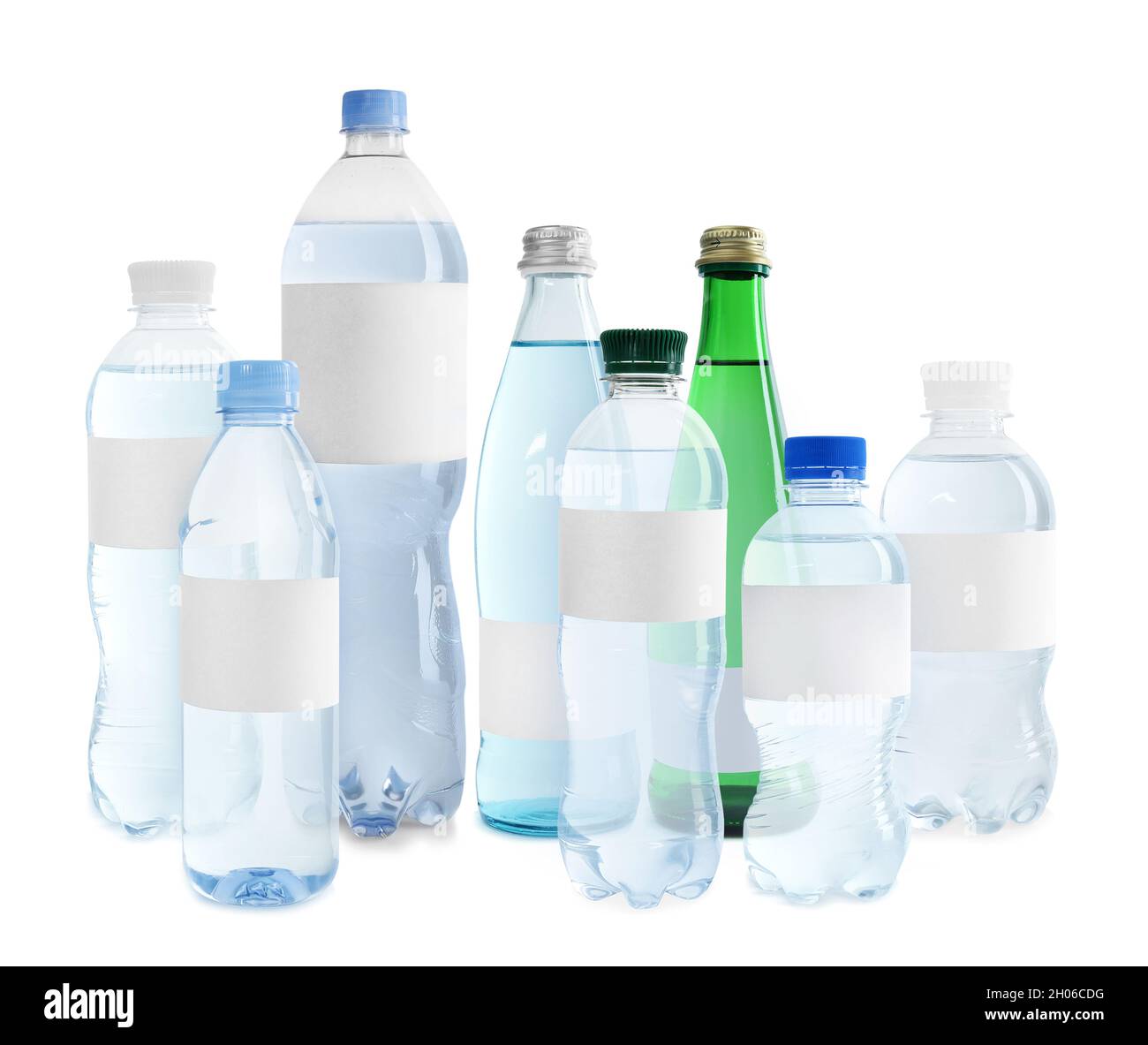 Set with different bottles of pure water on white background. Mockup ...