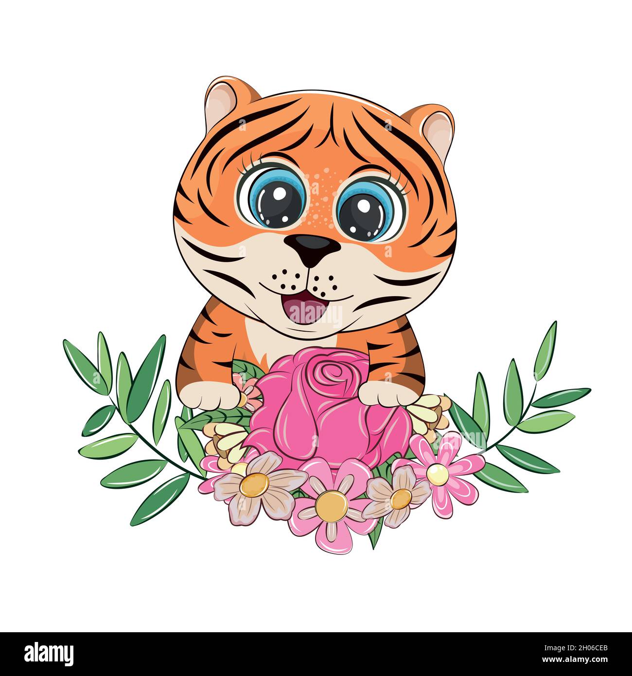 Cute cartoon baby Tiger with beautiful flowers Stock Vector Image & Art ...