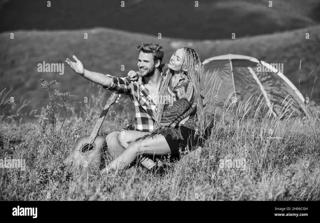 Cute couple. western camping. hiking. couple in love spend free time ...