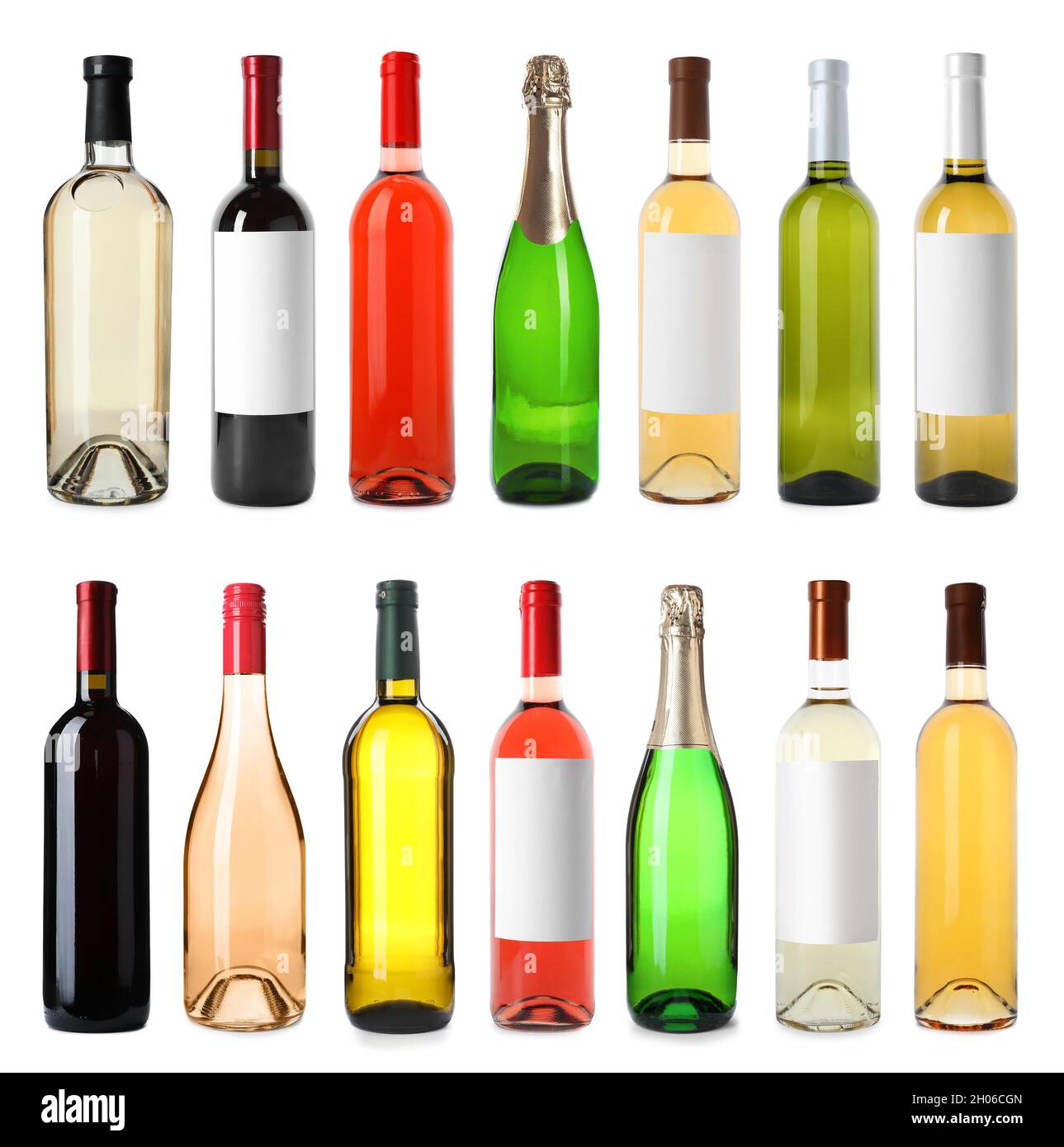 Set of bottles with different drinks on white background Stock Photo ...
