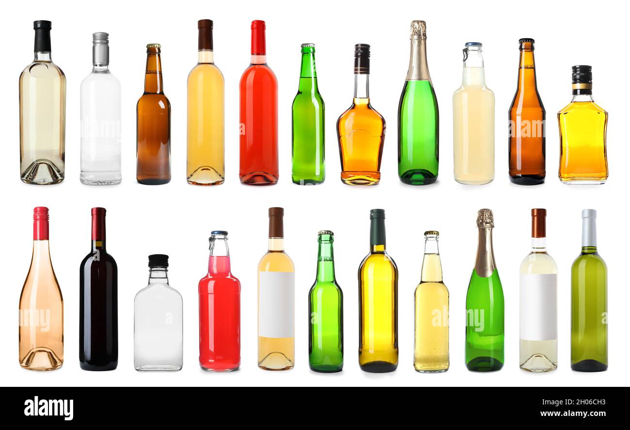 Set of bottles with different drinks on white background Stock Photo ...