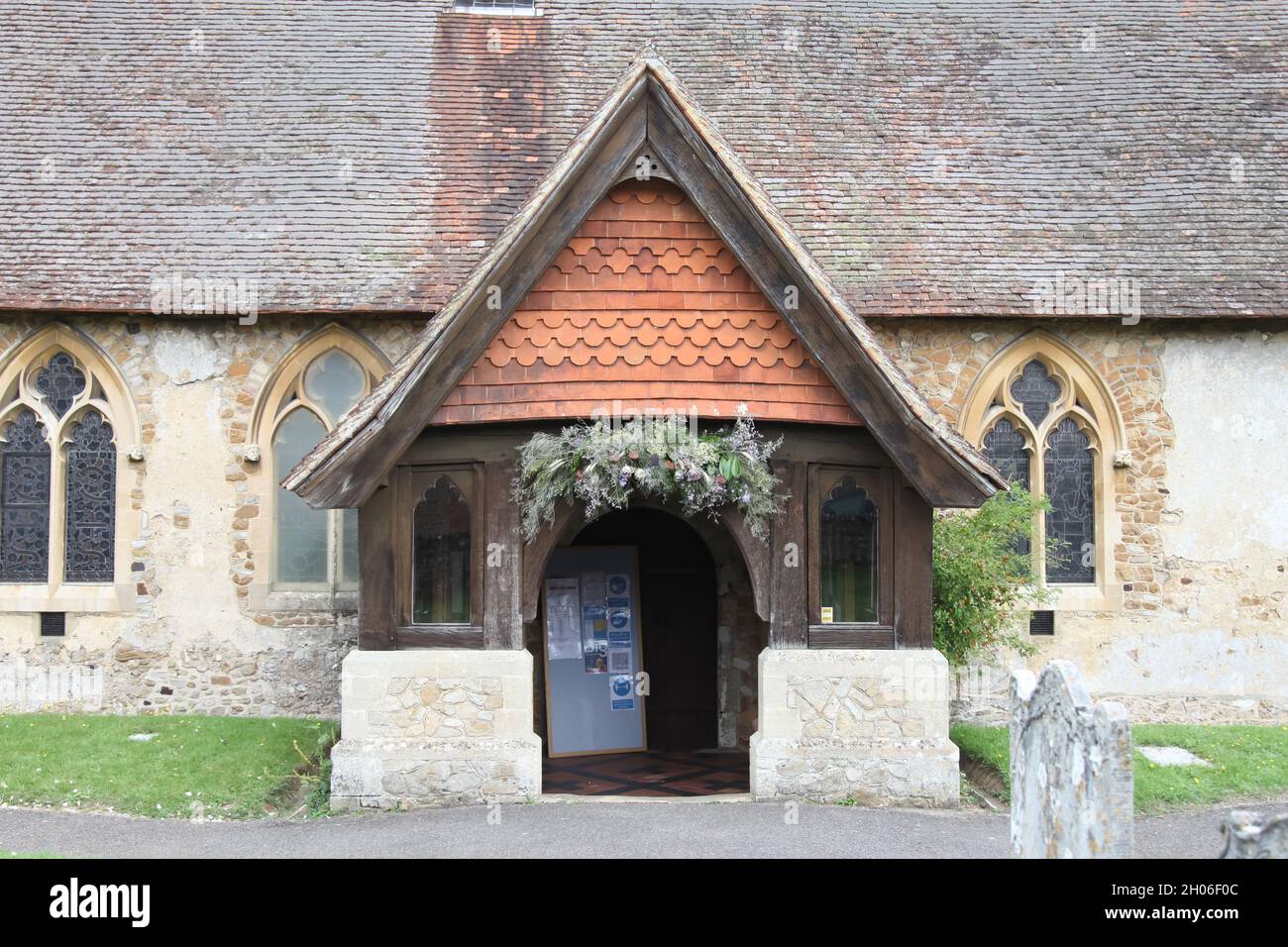 15th century porch at The Church of St. Mary the Virgin, Frensham, West ...