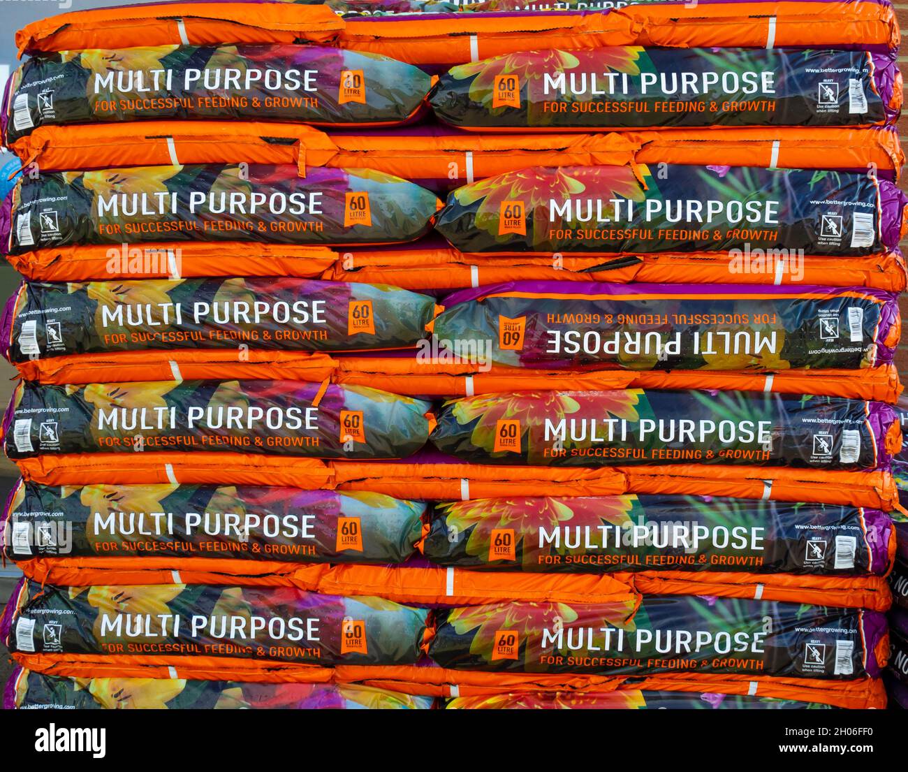 A stack of bags of multi purpose Compost in a farm shop in North ...