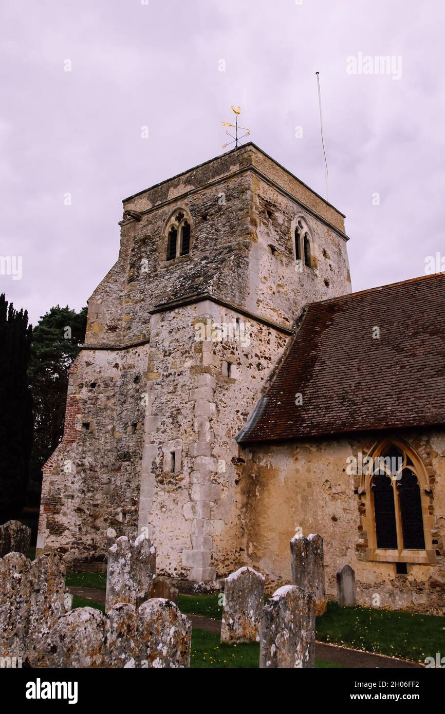 The 14th century stone tower of Frensham church, The Church of St. Mary ...