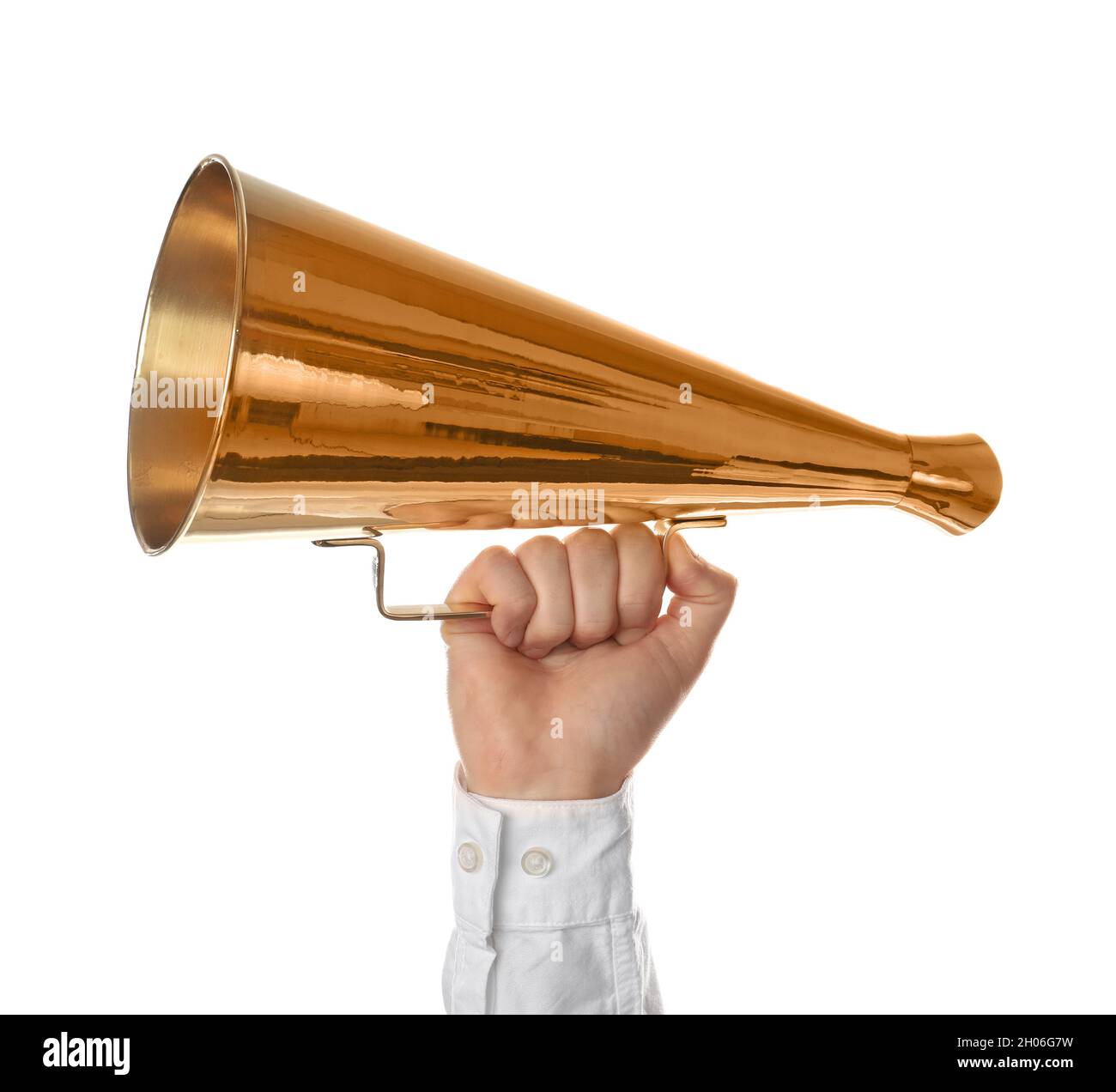 Man holding retro megaphone on white background Stock Photo - Alamy