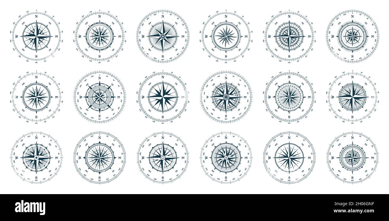 Vintage marine wind rose, nautical chart. Monochrome navigational ...