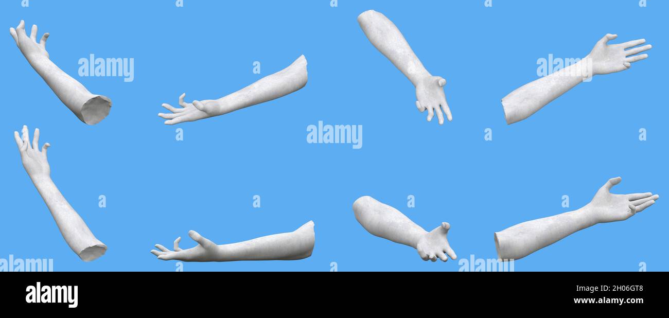 8 white stone statue hand detailed renders isolated on blue, lights and ...