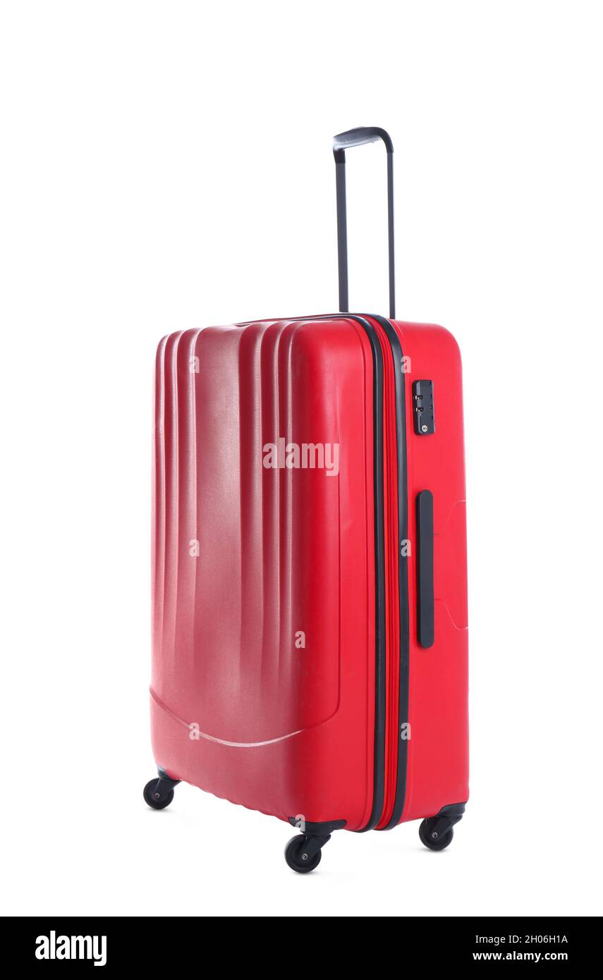 Red suitcase for travelling on white background Stock Photo - Alamy
