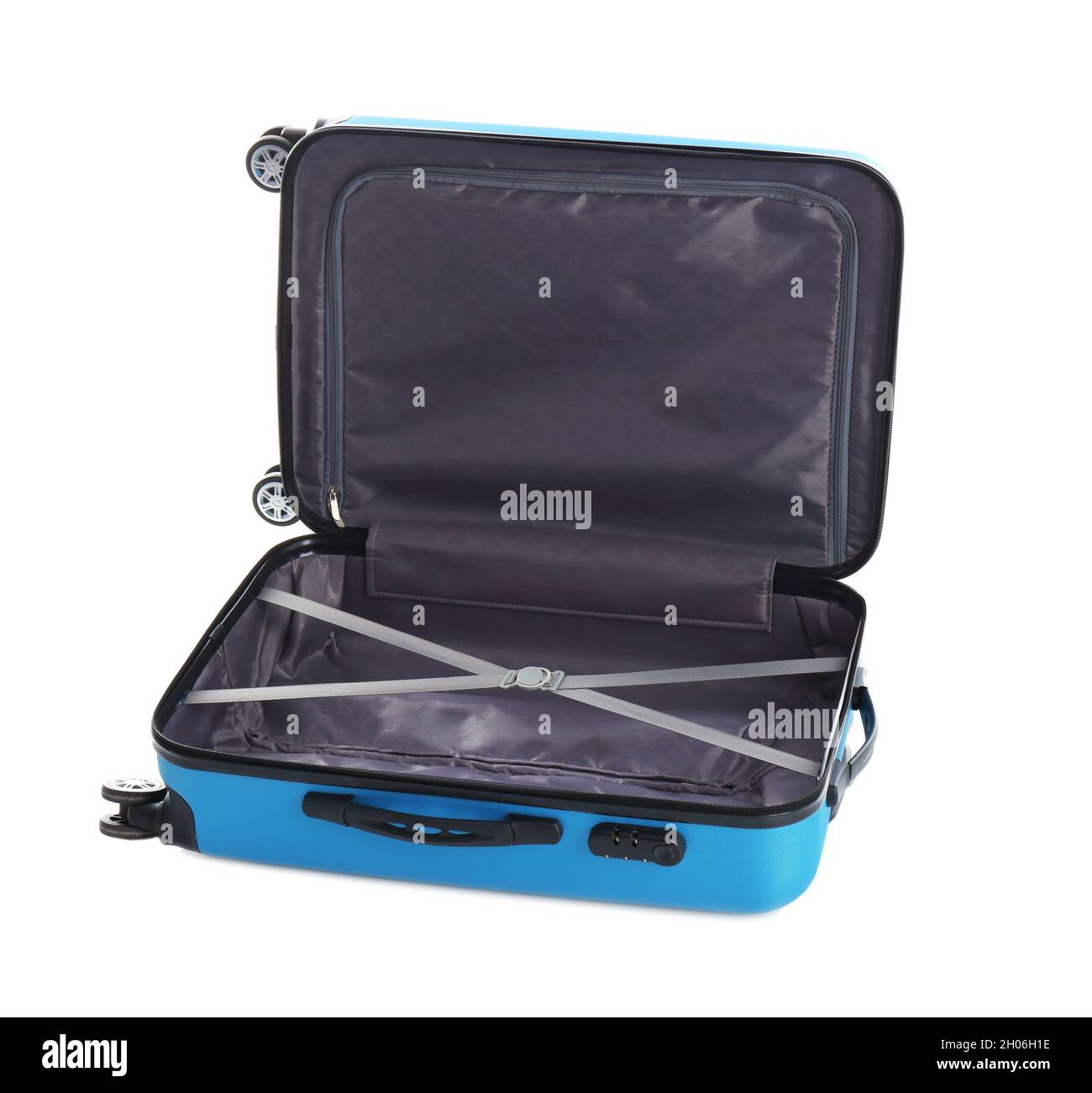 Open suitcase for travelling on white background Stock Photo - Alamy