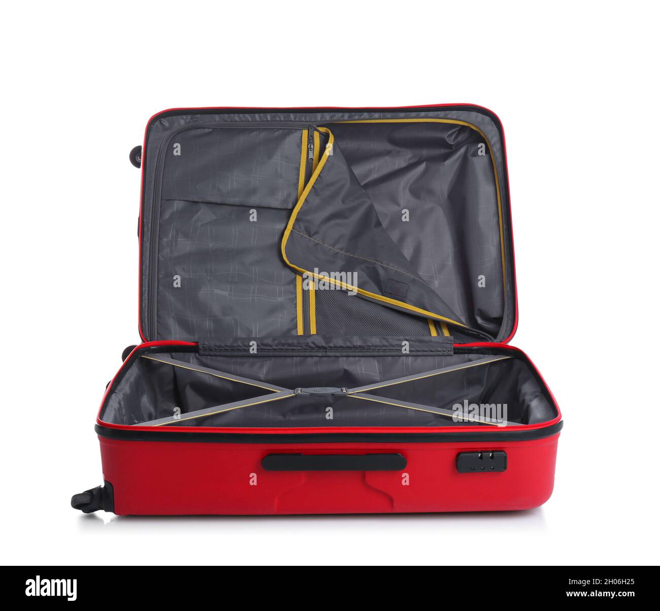 Open suitcase for travelling on white background Stock Photo - Alamy