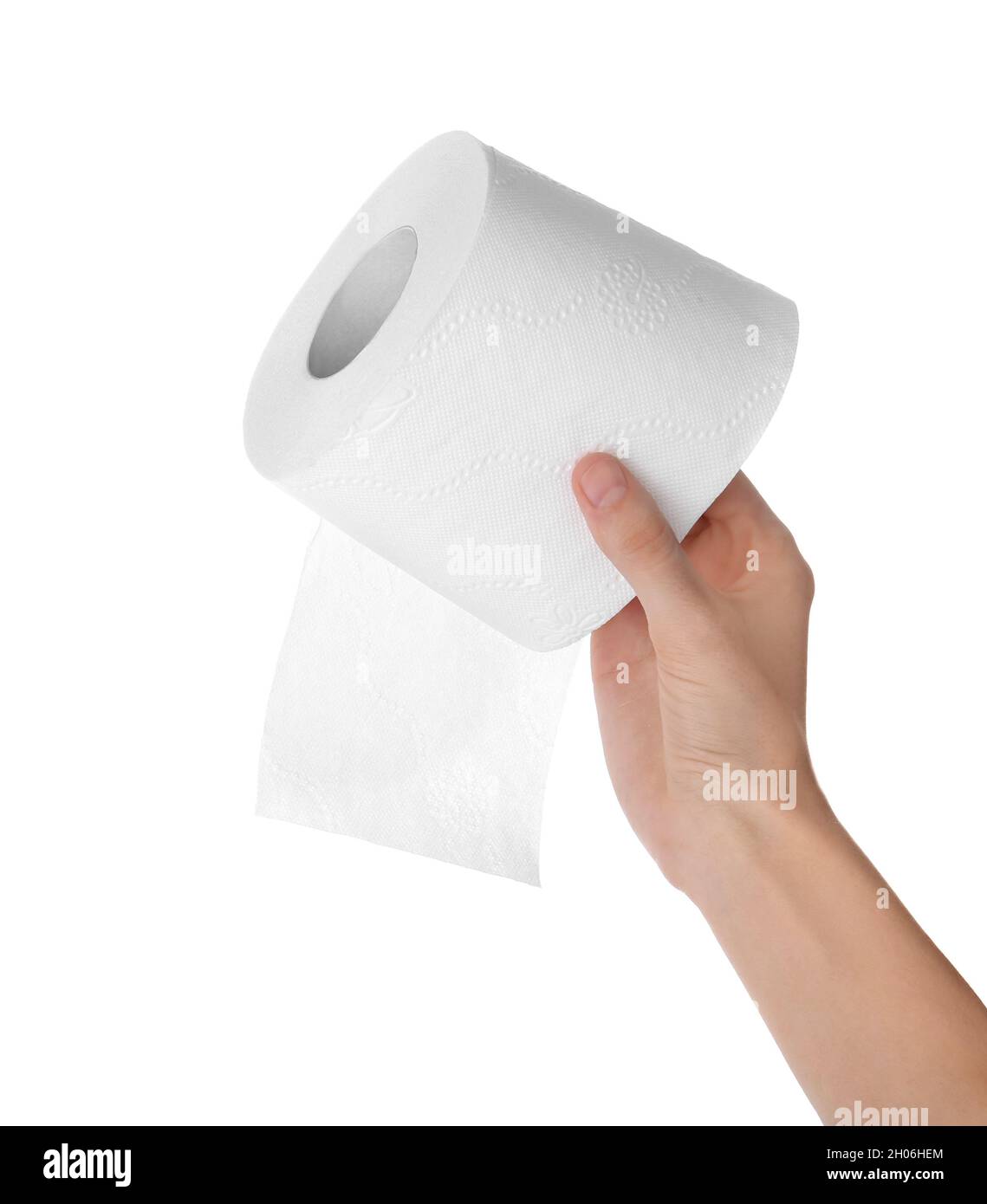 Woman holding toilet paper roll on white background. Personal hygiene ...