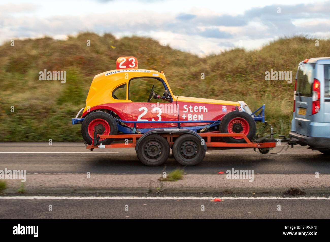 Motorsport red yellow Stock Car No.23 Steph & Ben en-route to Southport ...