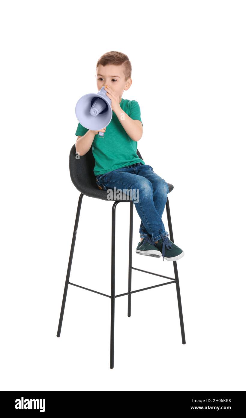 Adorable little boy with megaphone on white background Stock Photo - Alamy