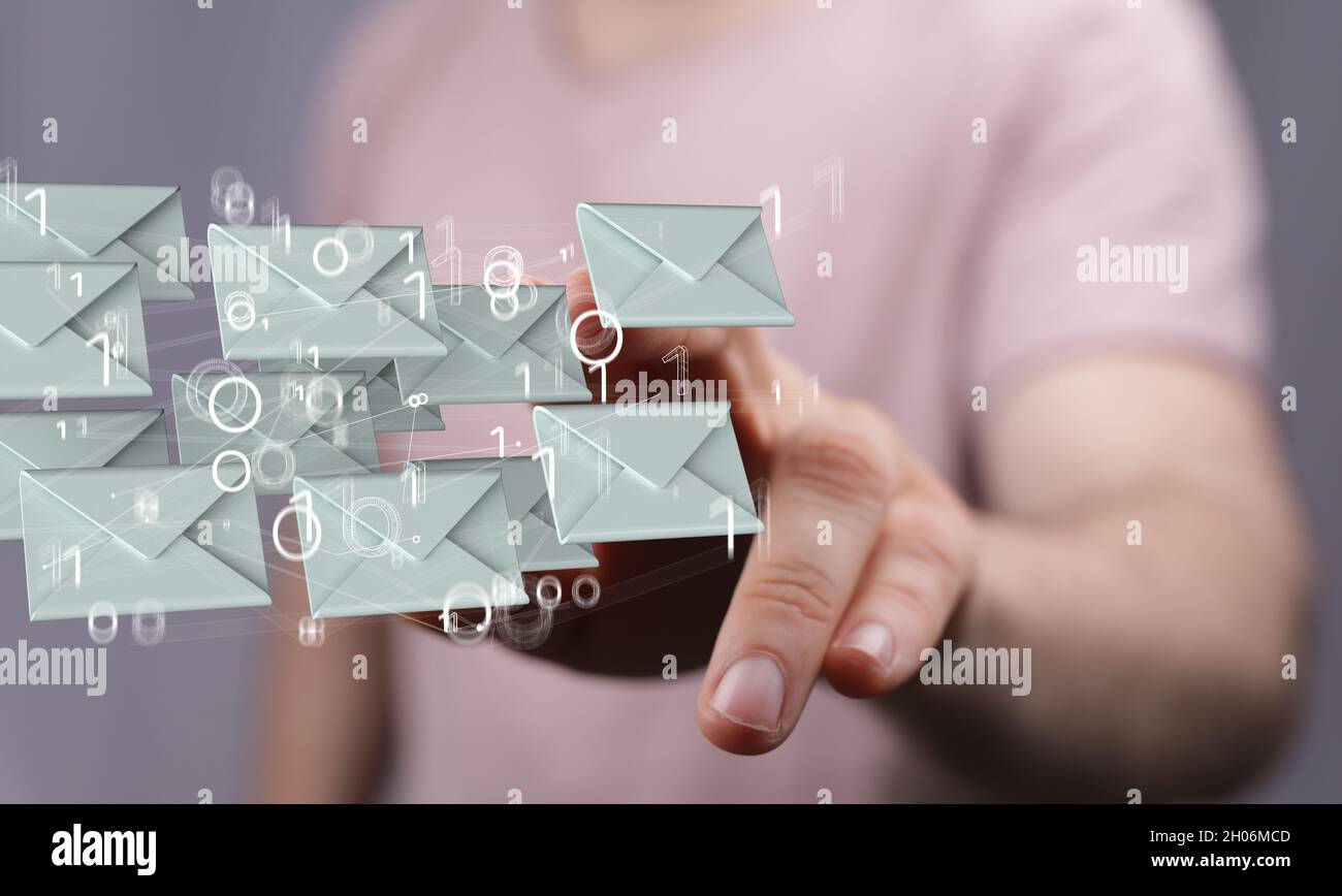 3D rendered message icons touched by a male's hand Stock Photo - Alamy