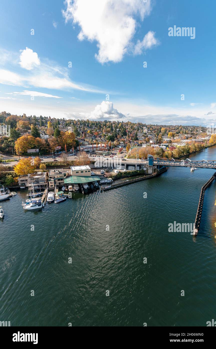 A view of the marina and Fremont Drawbridge from the Aurora Bridge ...