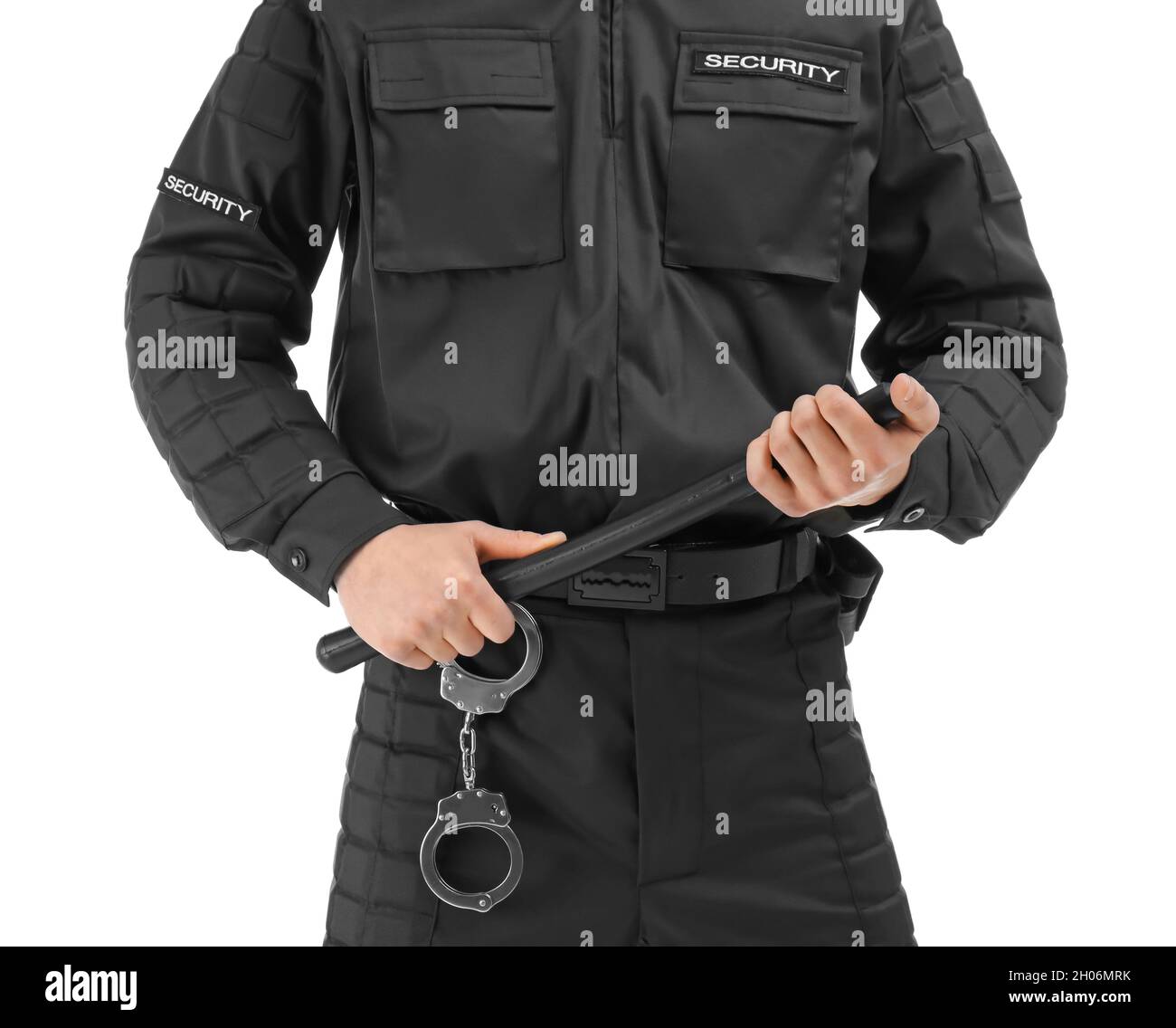 Male security guard with police baton on white background Stock Photo ...