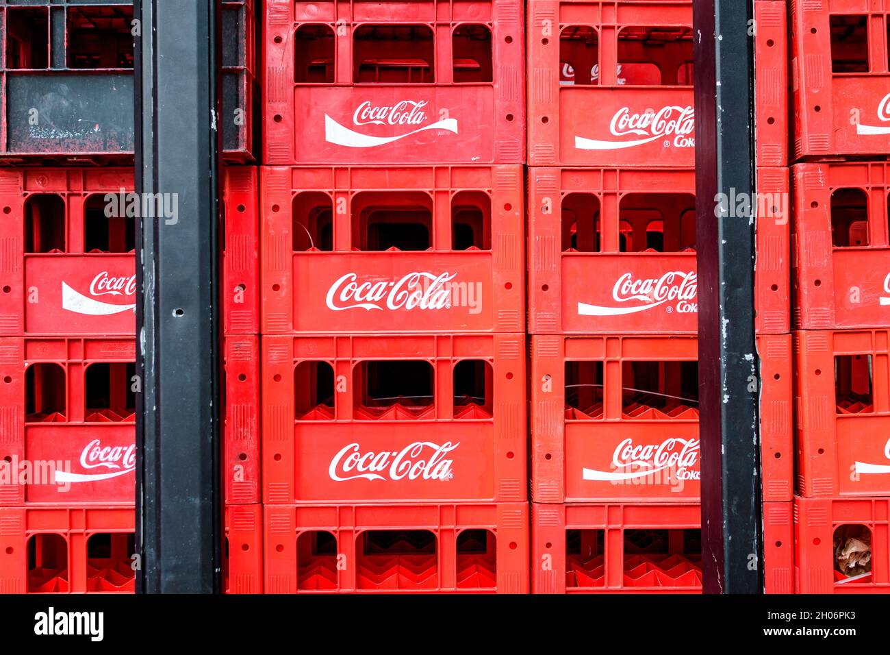 Bucharest, Romania, 13 February 2021 - Old red plastic boxed of Coca ...