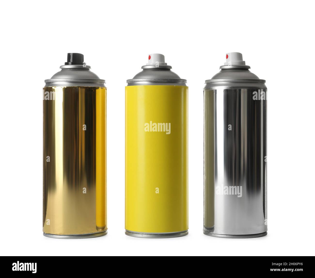 Cans of different spray paints on white background Stock Photo - Alamy