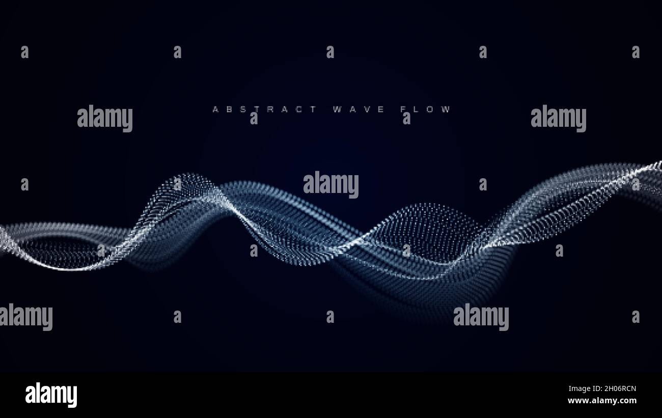 Wave array of shining dots. Wave of dynamic particles flows through the ...