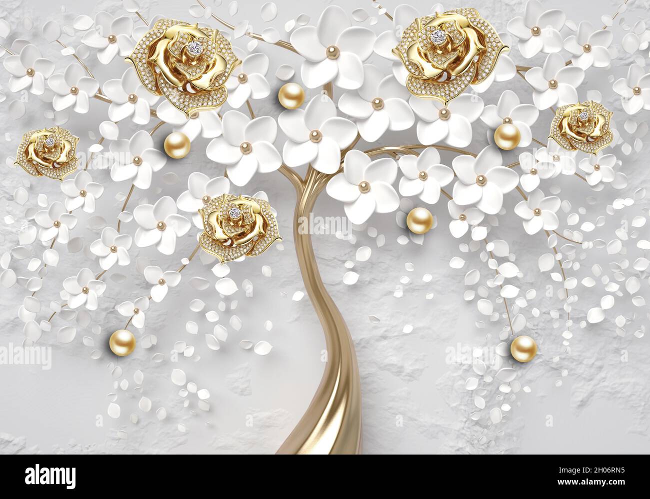 Home Décor 3D Outlook White Flowers on Tree with Gold Details Wallpaper ...