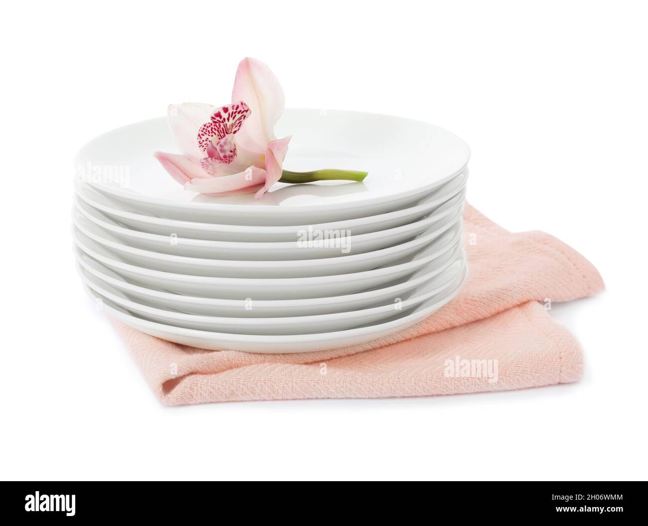 Stack of clean plates with flower on white background. Washing dishes ...