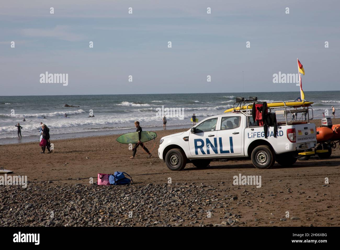 RNLI Lifeguards vehicle parked on Widemouth Beach to provide safety ...