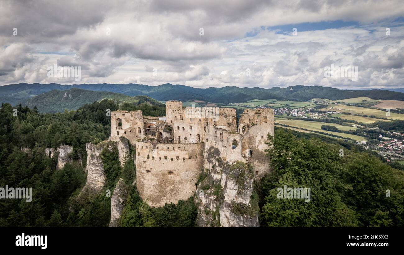 Aerial view of the castle in the village of Lietava in Slovakia Stock ...