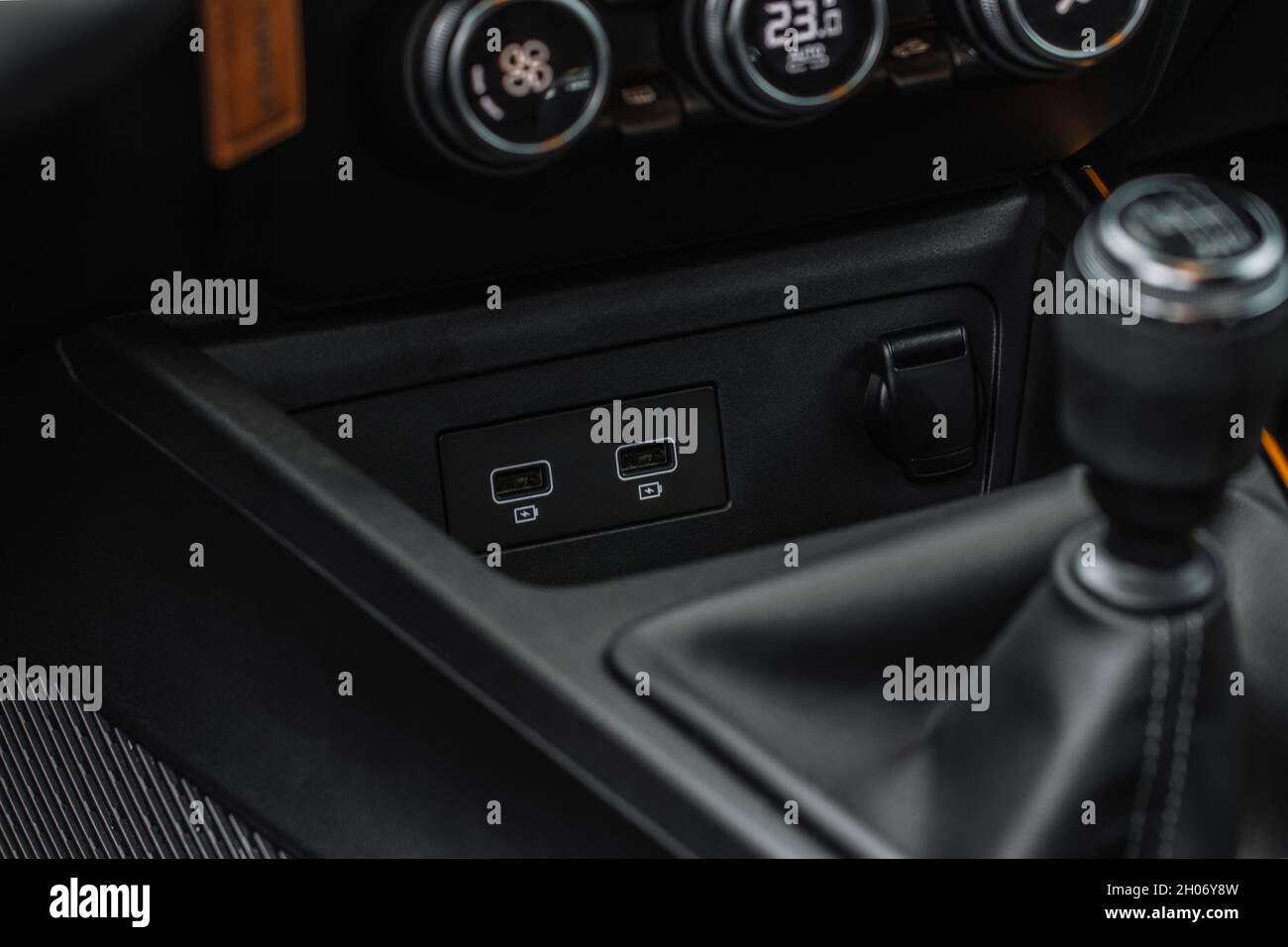 USB port in the car panel close up. Car interior detail. Car usb ...