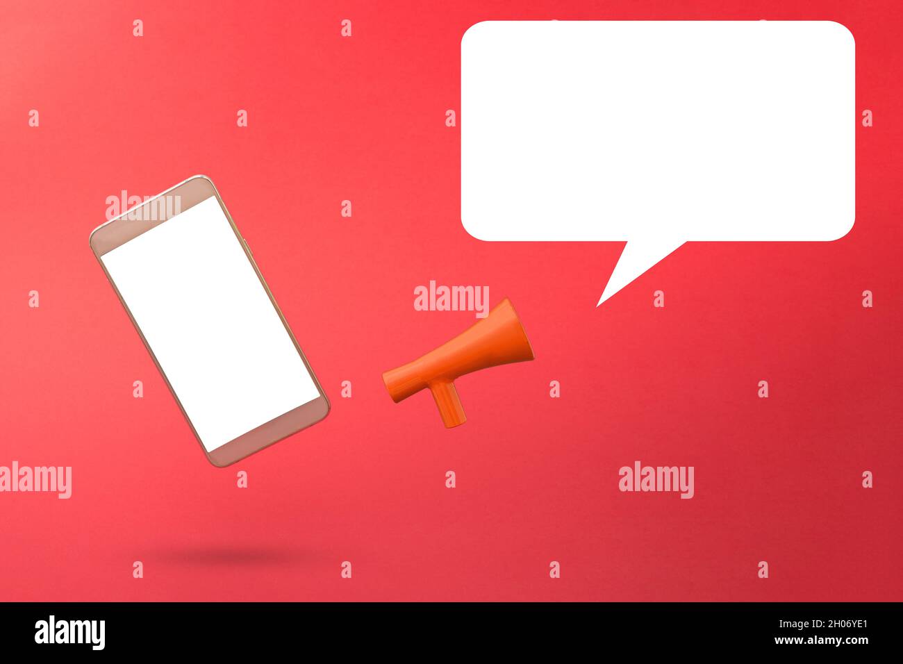 Blank White Speech Bubble With Grey 3d Smartphone And Megaphone Icon Against Red Background 3d