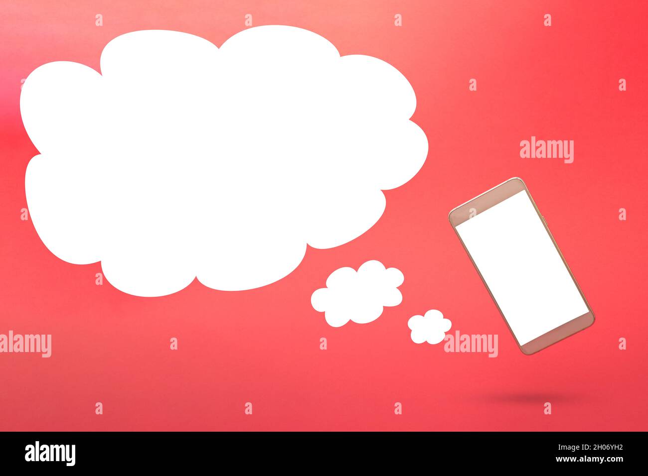 Blank white speech bubble with grey 3d smartphone icon against red ...