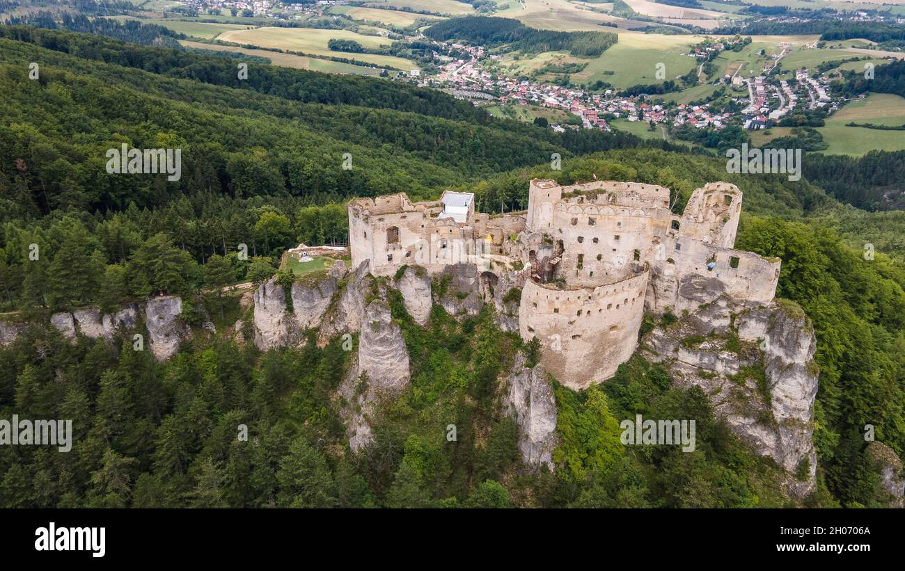 Aerial view of the castle in the village of Lietava in Slovakia Stock ...