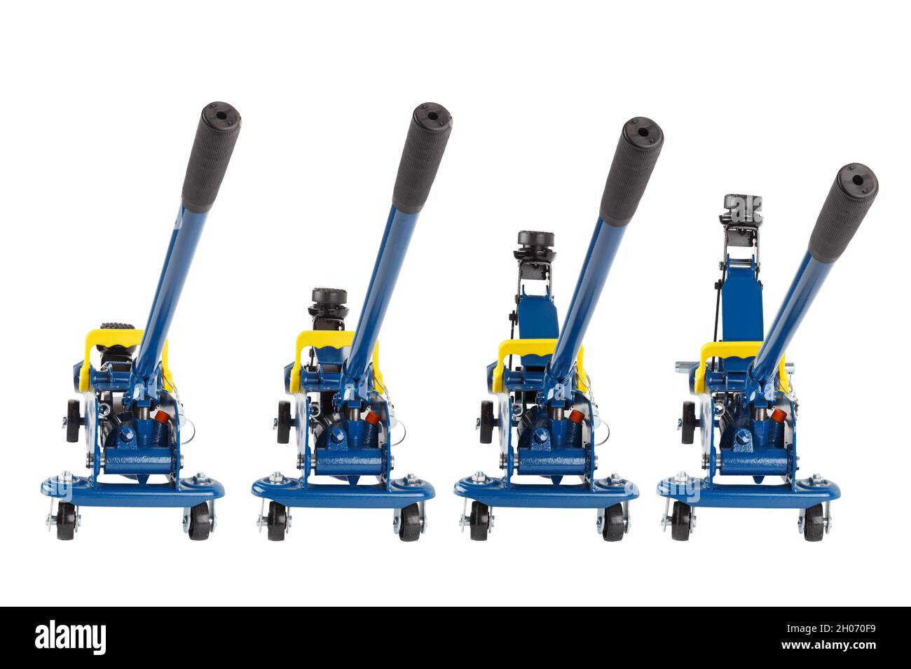 set of isolated blue hydraulic car jacks on white background raised in ...