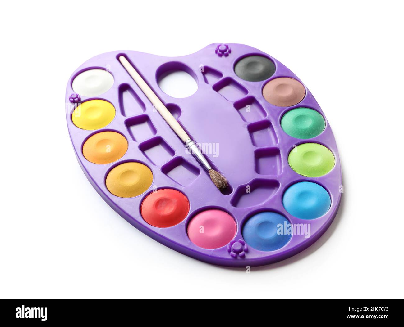 Plastic watercolor palette with brush on white background. Painting ...