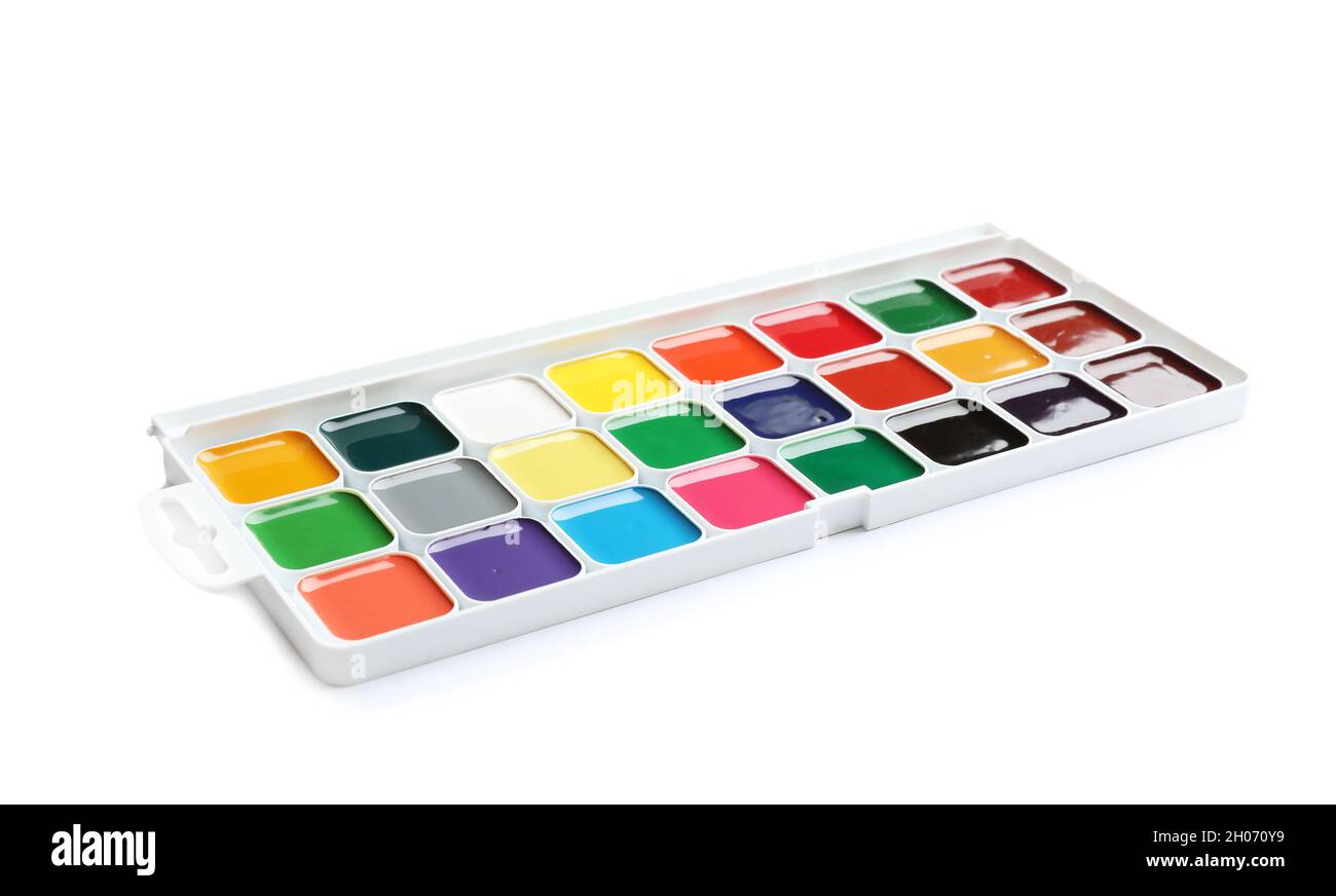 Plastic watercolor palette on white background. Painting equipment for ...