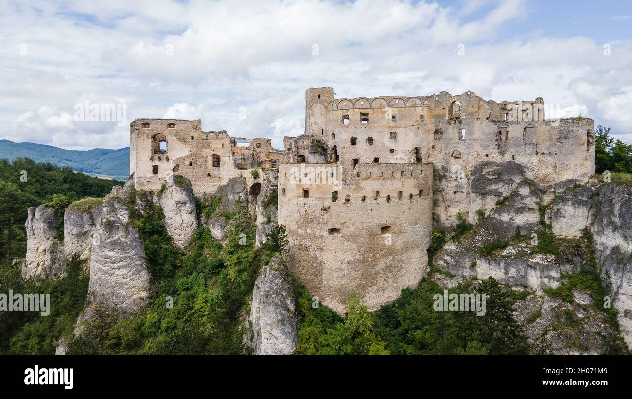 Aerial view of the castle in the village of Lietava in Slovakia Stock ...