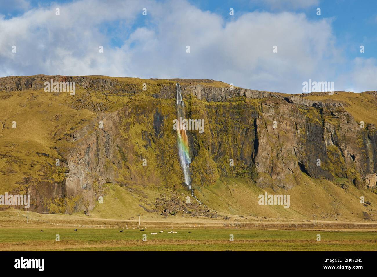 Icelandic autumn rainbow at seljalandsfoss waterfall landmark Stock ...