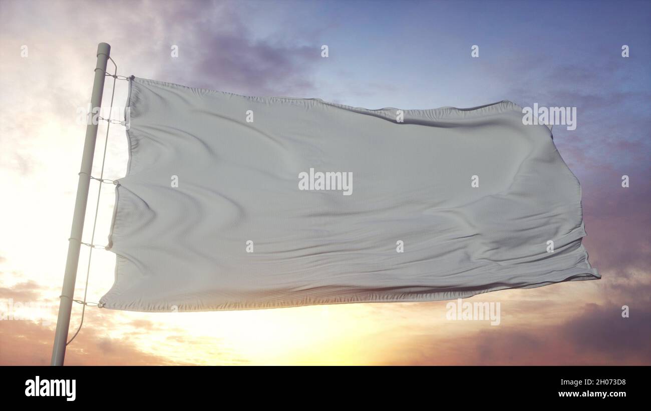 White Flag waving in the wind, sky and sun background. 3d rendering ...