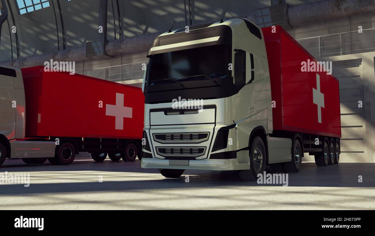 Cargo trucks with Switzerland flag. Trucks from Swiss loading or ...
