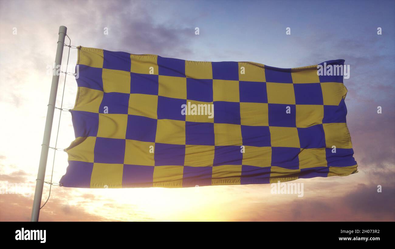 Surrey flag, England, waving in the wind, sky and sun background. 3d ...