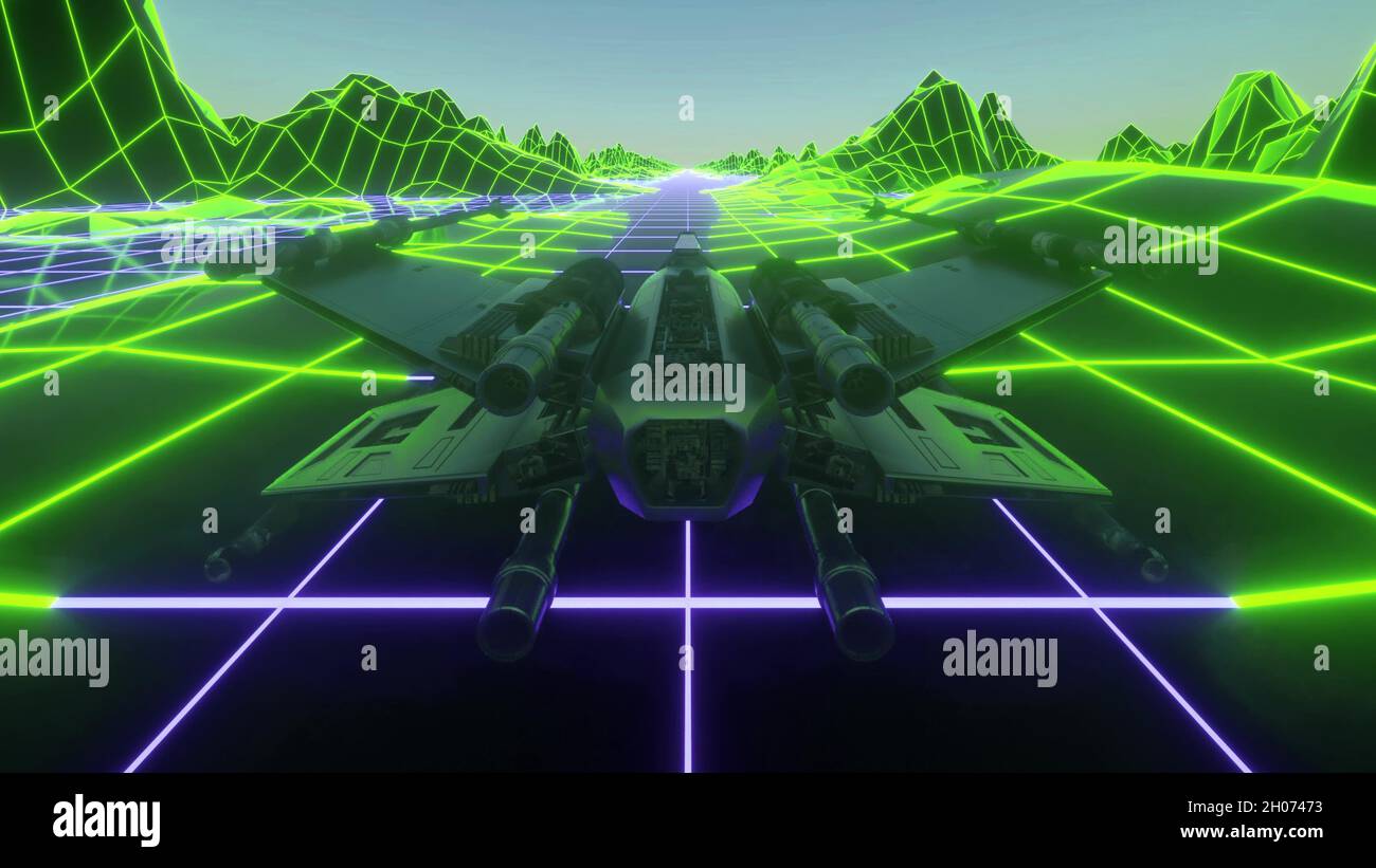 Futuristic spaceship flying through space. Retro futuristic 80's style ...