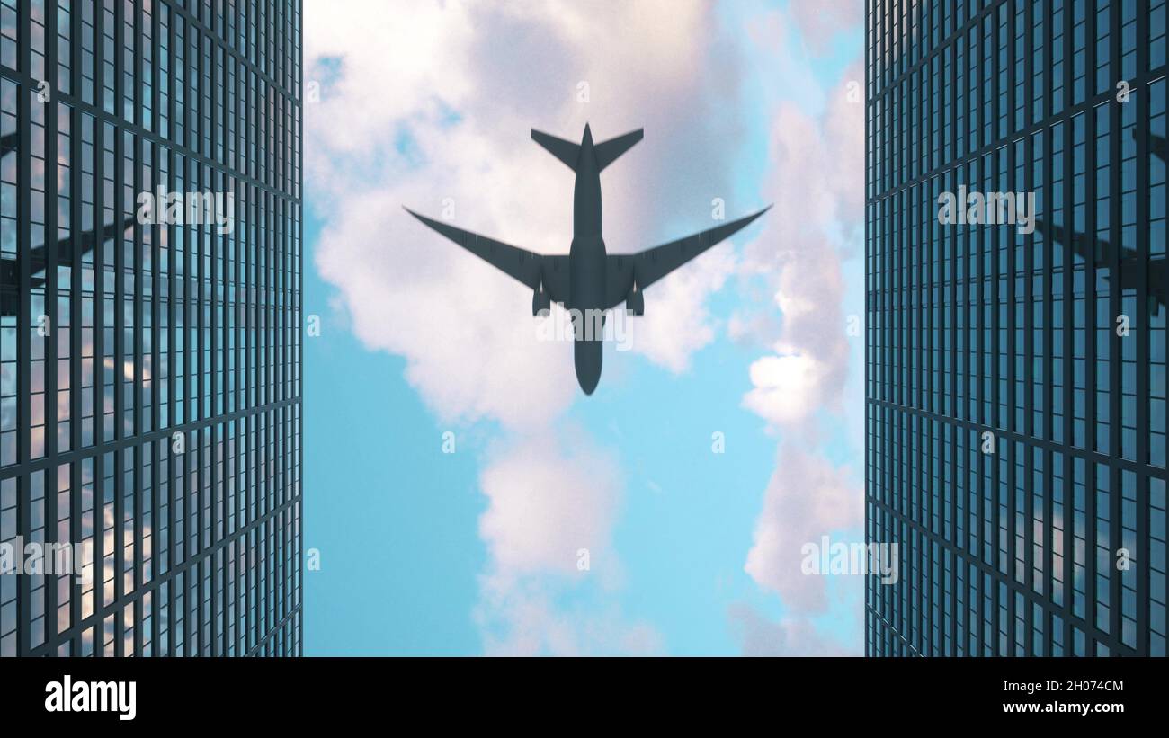 Airplane flies tops skyscrapers look hi-res stock photography and ...