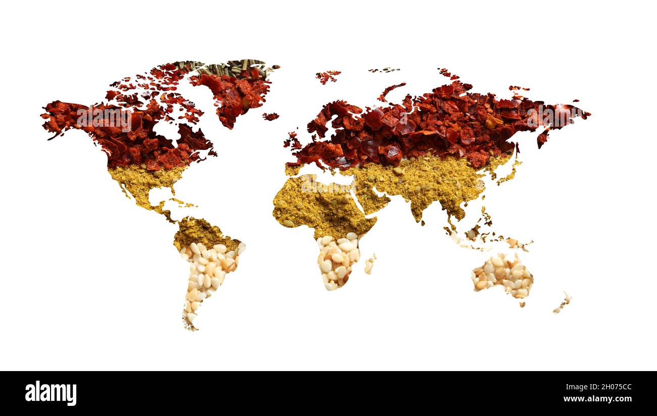 World map of different aromatic spices on white background. Creative ...