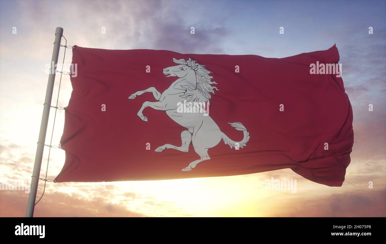 Kent flag, England, waving in the wind, sky and sun background. 3d ...