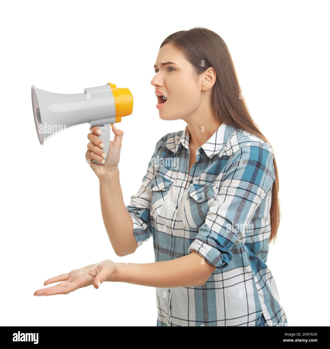 Young woman using megaphone on white background Stock Photo - Alamy