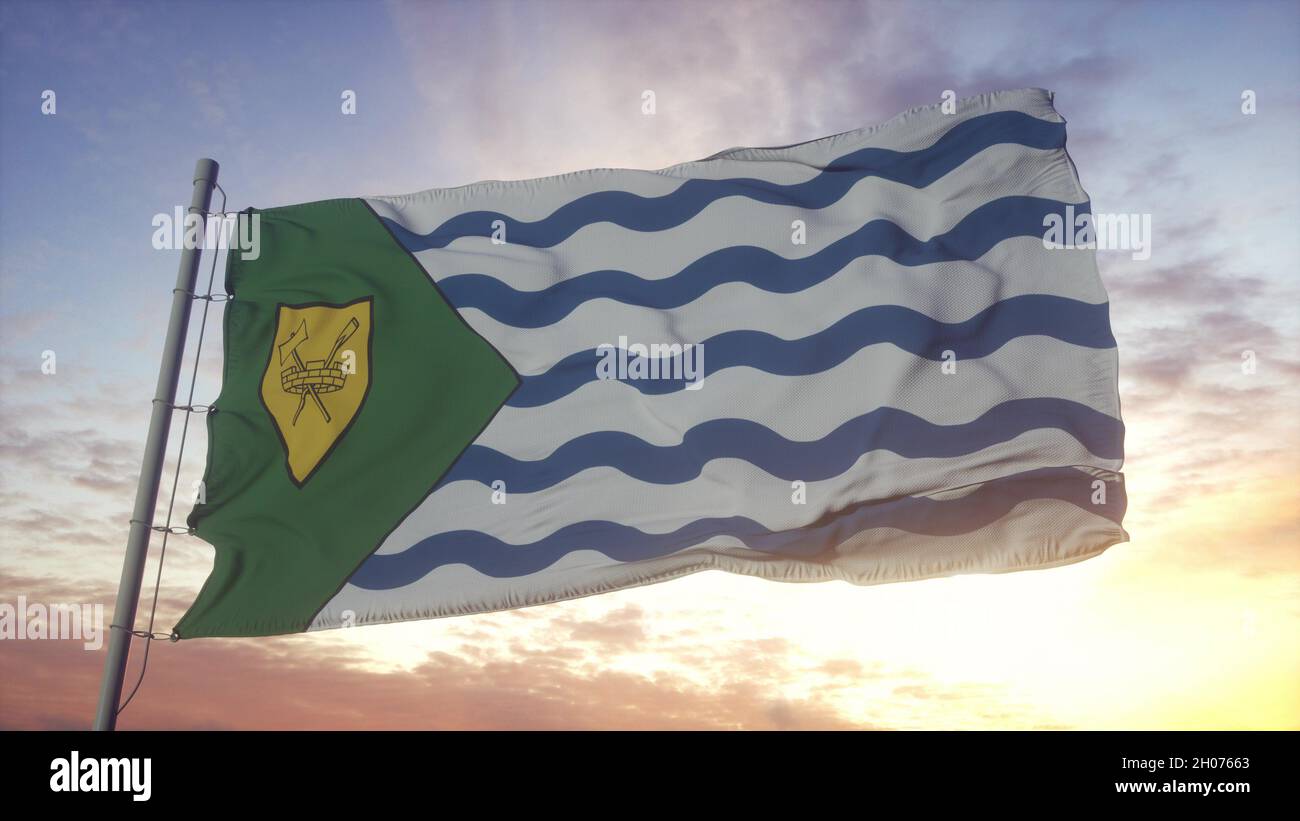 Vancouver city flag waving in the wind, sky and sun background. 3d ...