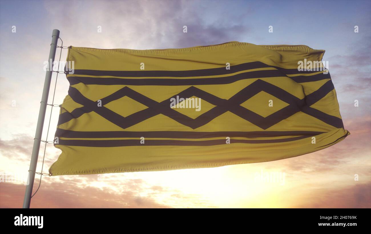 West Midland flag, England, waving in the wind, sky and sun background ...