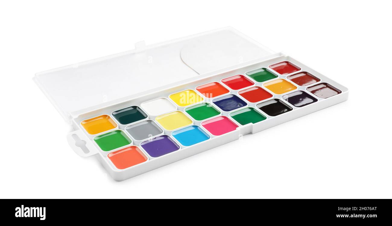 Plastic watercolor palette on white background. Painting equipment for ...