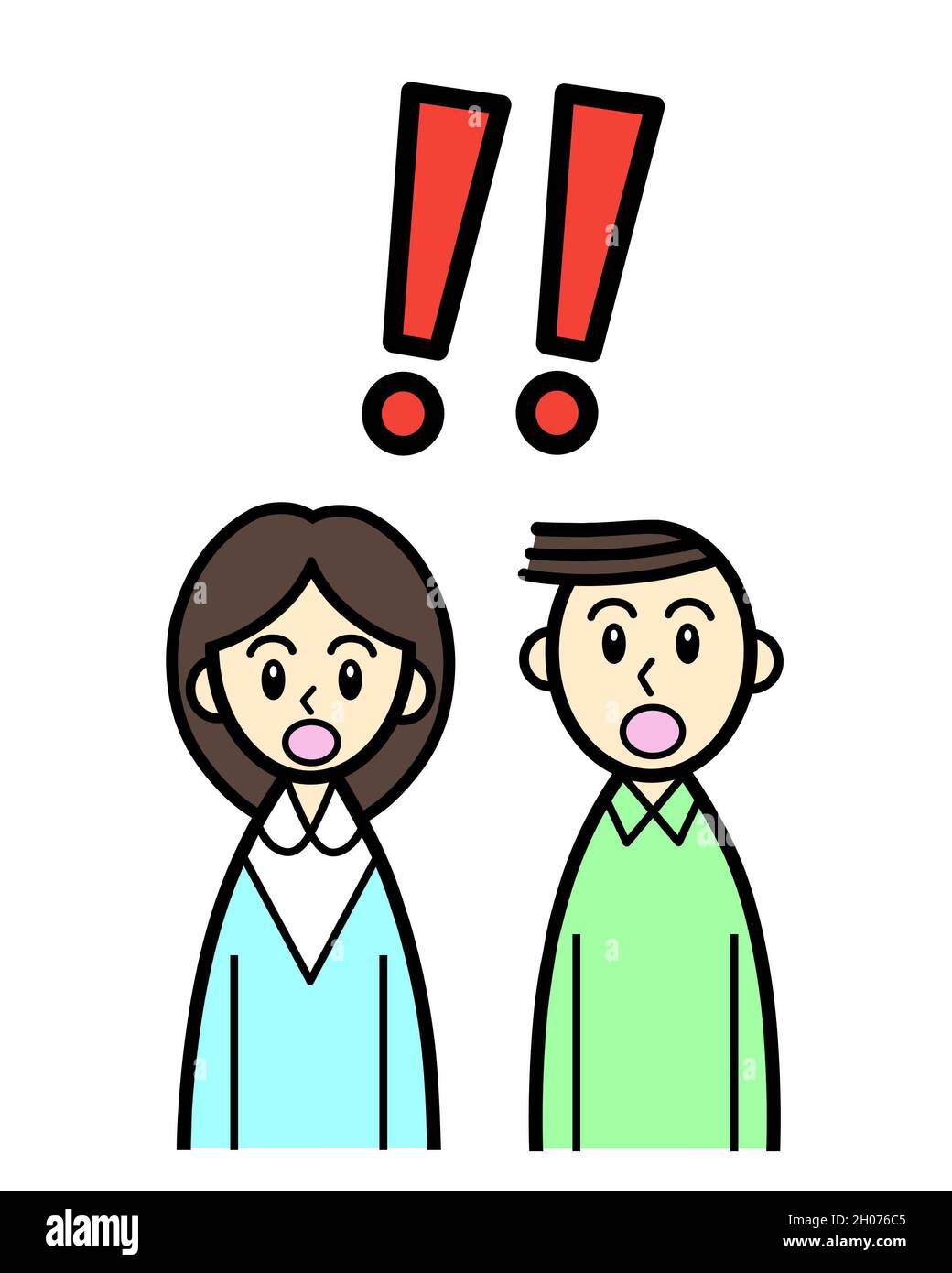 A young couple with surprised faces and exclamation marks Stock Photo ...