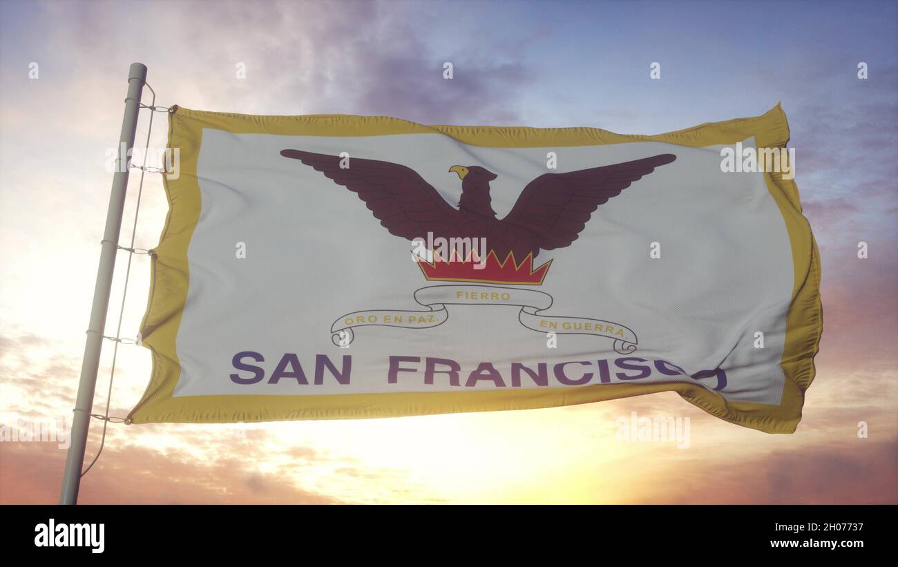 San Francisco flag, California, waving in the wind, sky and sun ...