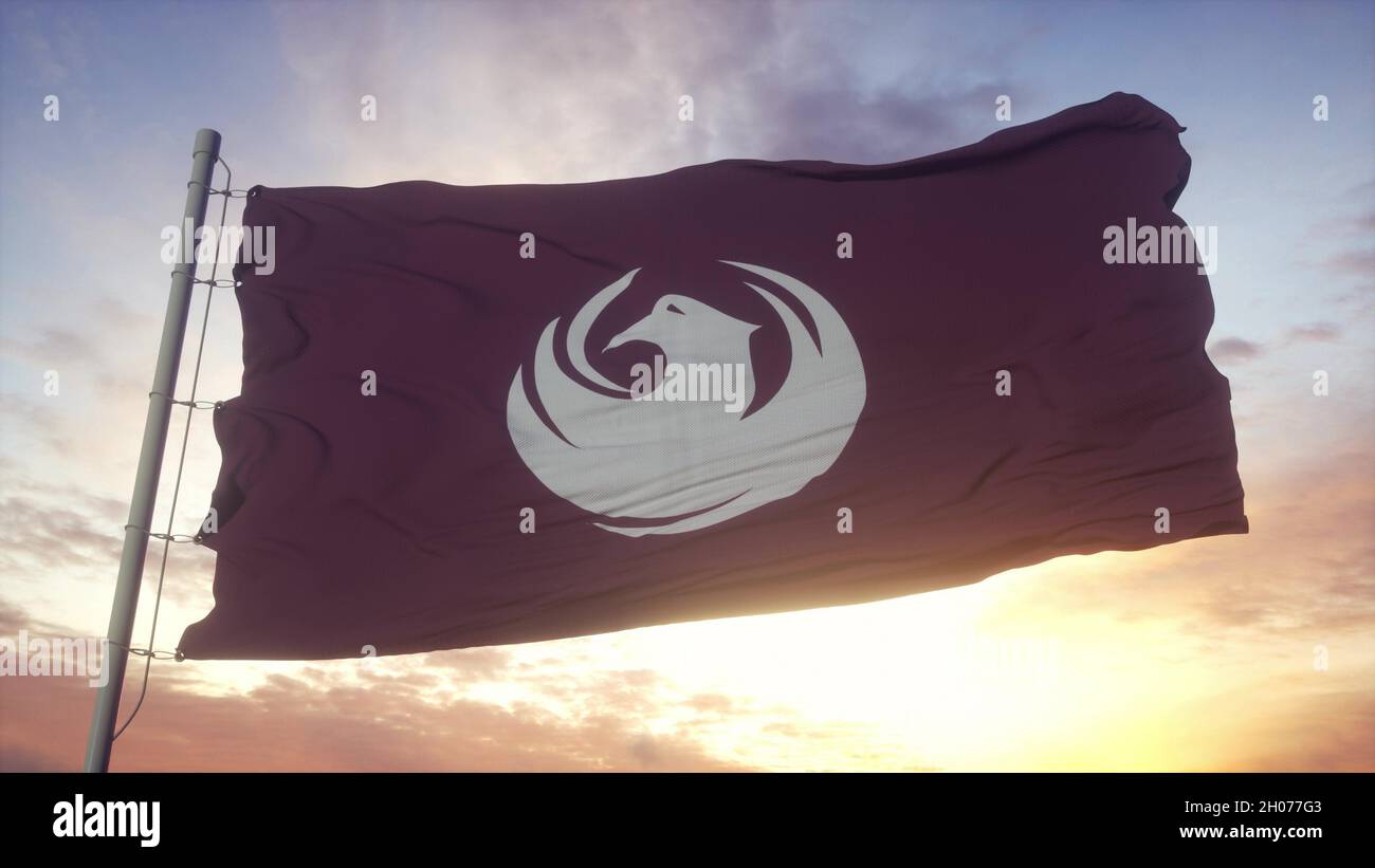 Phoenix city flag, Arizona, waving in the wind, sky and sun background ...